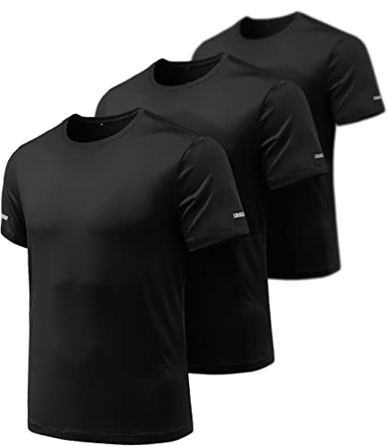 ATHLIO Men's Workout Running Shirts, Sun Protection Quick Dry Athletic Shirts, Short Sleeve Gym T-Shirts, 3pack Reflective Black/Black/Black, Small