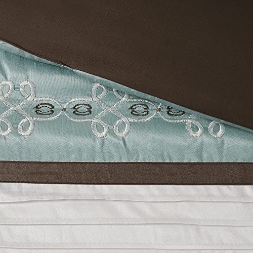 Madison Park Essentials Jelena Room in A Bag Faux Silk Comforter Classic Luxe All Season Down Alternative Bedding, Matching Bedskirt, Curtains, Decorative Pillows, Queen(90"x90"), Seafoam 24 Piece