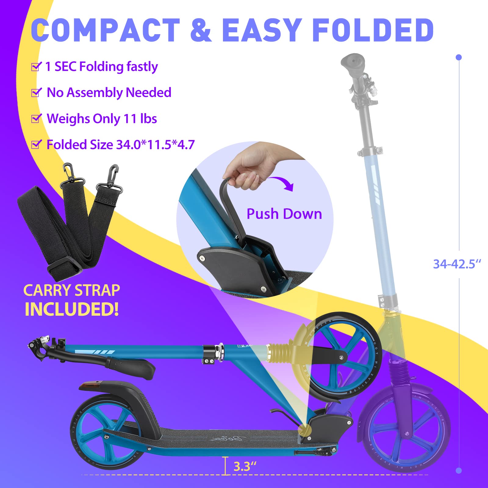 Beleev V5 Scooters for Kids 8 Years and Up, Foldable Kick Scooter 2 Wheel, Quick-Release Folding System, Shock Absorption Mechanism, Large 200mm Wheels Sports Scooters for Adults and Teens (Navy Blue)
