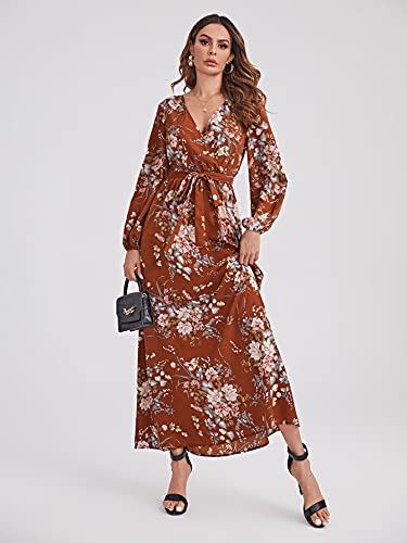 Floerns Women's Summer Wrap V Neck Long Sleeve Belted Floral Print Maxi Dress Rust Brown S