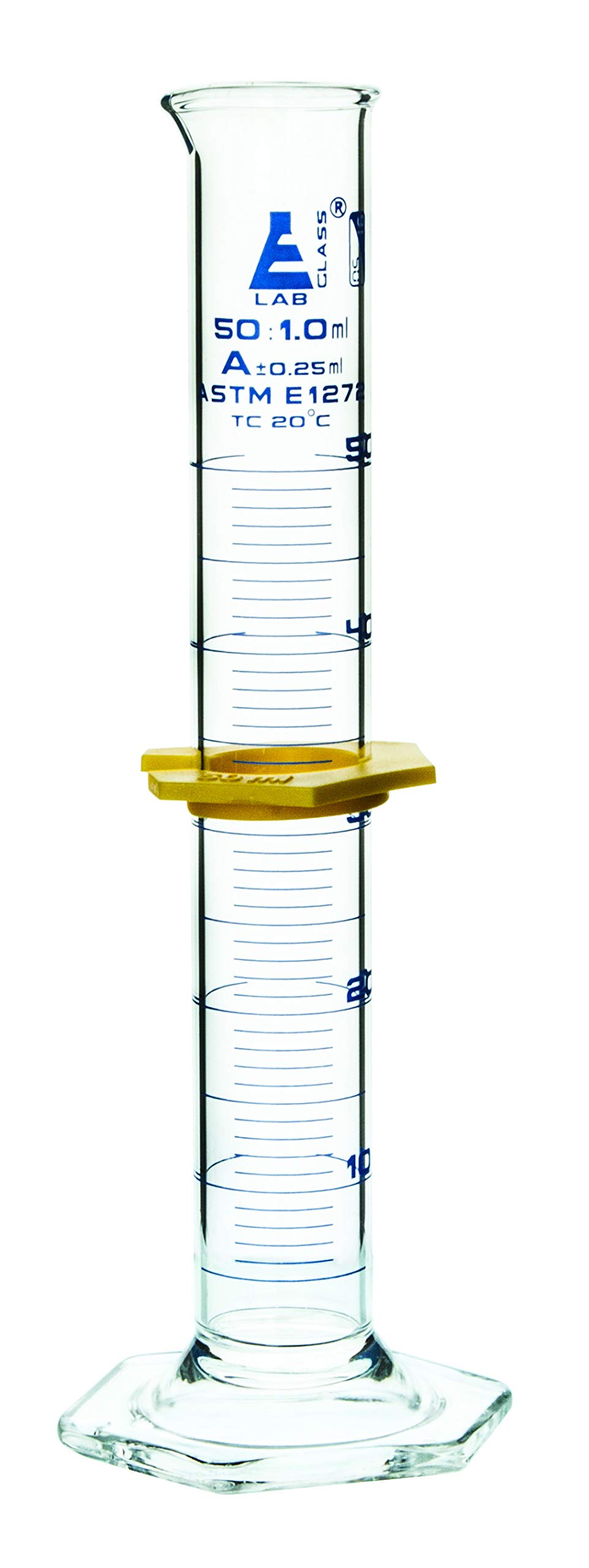 EISCO Graduated Cylinder, 50mL - ASTM, Class A Tolerance ±0.25mL - Protective Collar, Hexagonal Base - Blue Graduations - Borosilicate 3.3 Glass