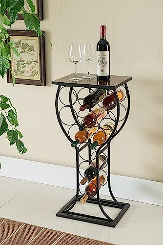 KB Designs - 11 Bottle Free Standing Floor Wine Rack Table, Black Metal & Faux Marble