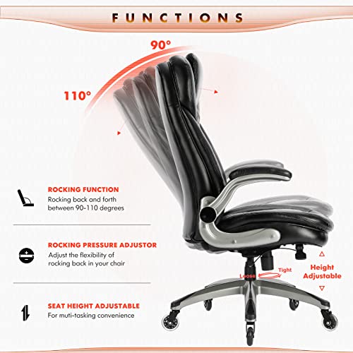 COLAMY 6686 Ergonomic Home High Back Executive Computer Desk Padded Flip-up Arms, Thick Bonded Soft Leather, Modern Office Chair with Upgraded Casters for Swivel Rolling (Black, 300lbs)