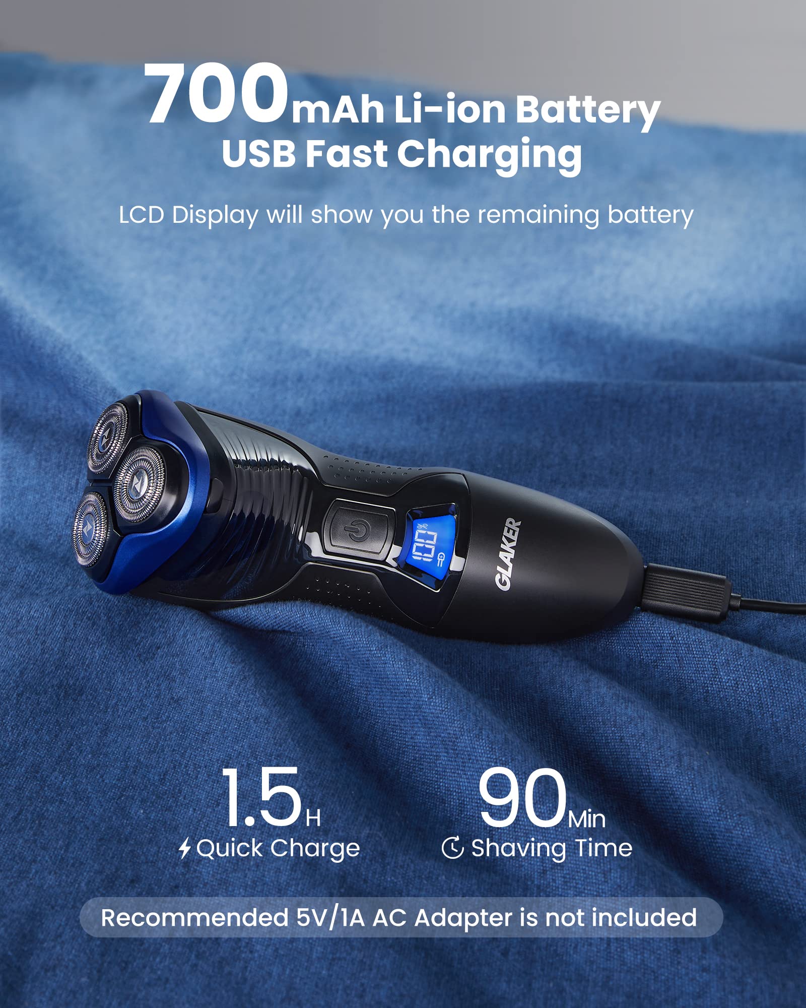 GLAKER Electric Razors for Men, Mens Electric Shaver Razor with Extra Shaver Head Cordless Waterproof Rechargeable, Electric Rotary Shaver with Pop-up Trimmer, LCD Display for Father's Gift