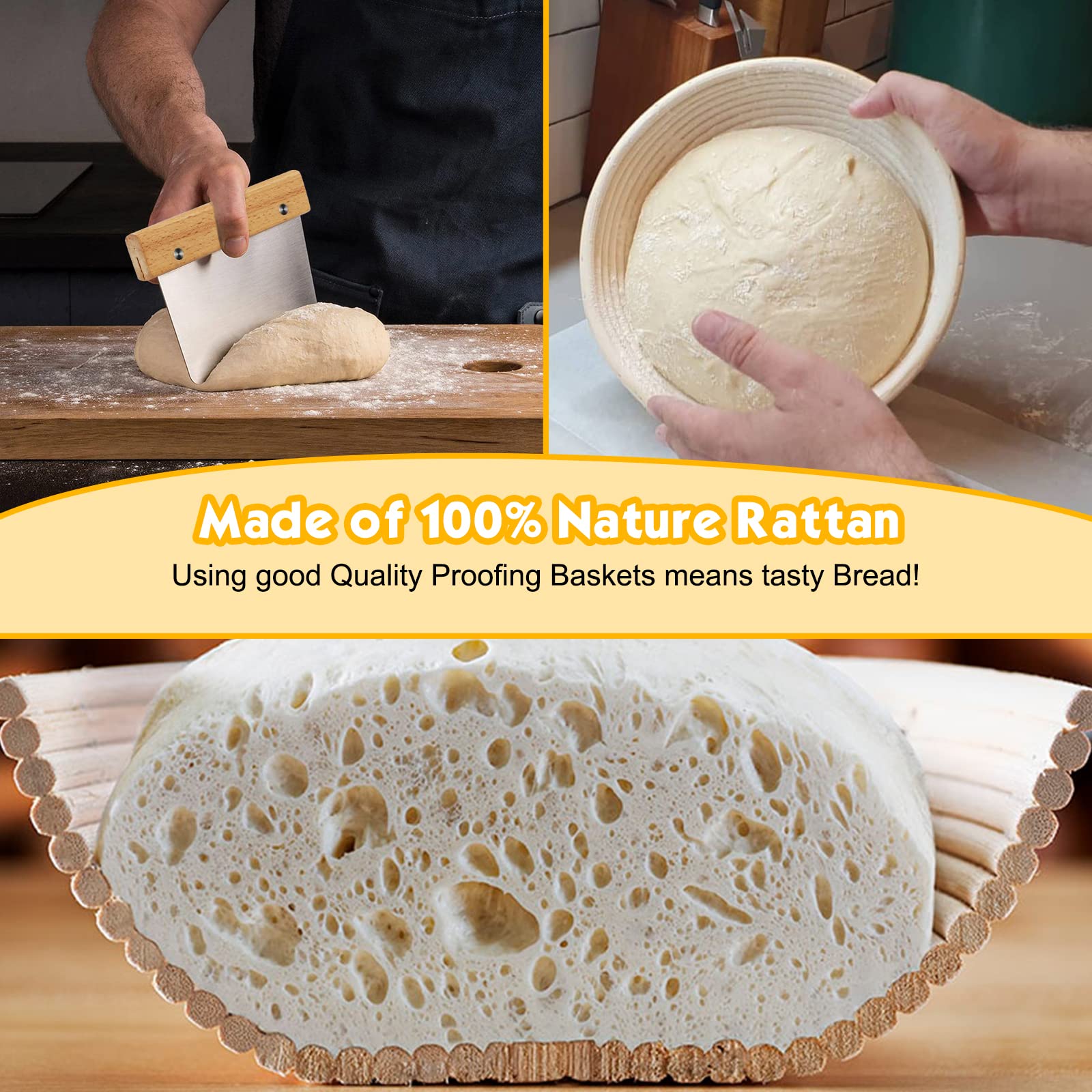Bread Proofing Basket Set 9.6 Inch Oval & 10 Inch Round Banneton Proofing Baskets Top Grade Rattan Bowl with Bread Lame Dough Scraper Proofing Cloth Liner for Home & Professional Bakers Set of 2