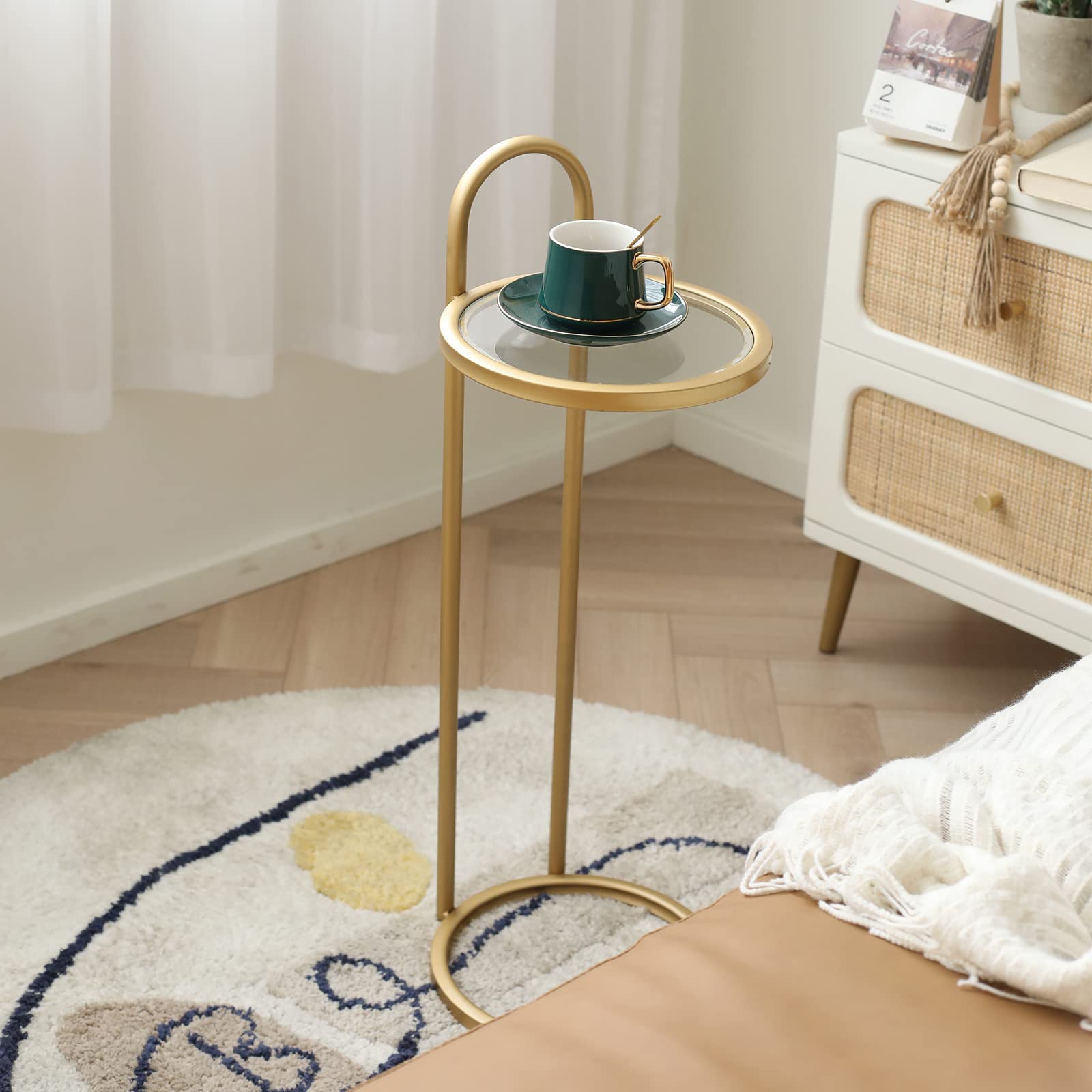Gold Glass Small Drink Snack Accent Martini Table, C Shaped Side End Table, No-Assembly, 10" D x 28.5" H