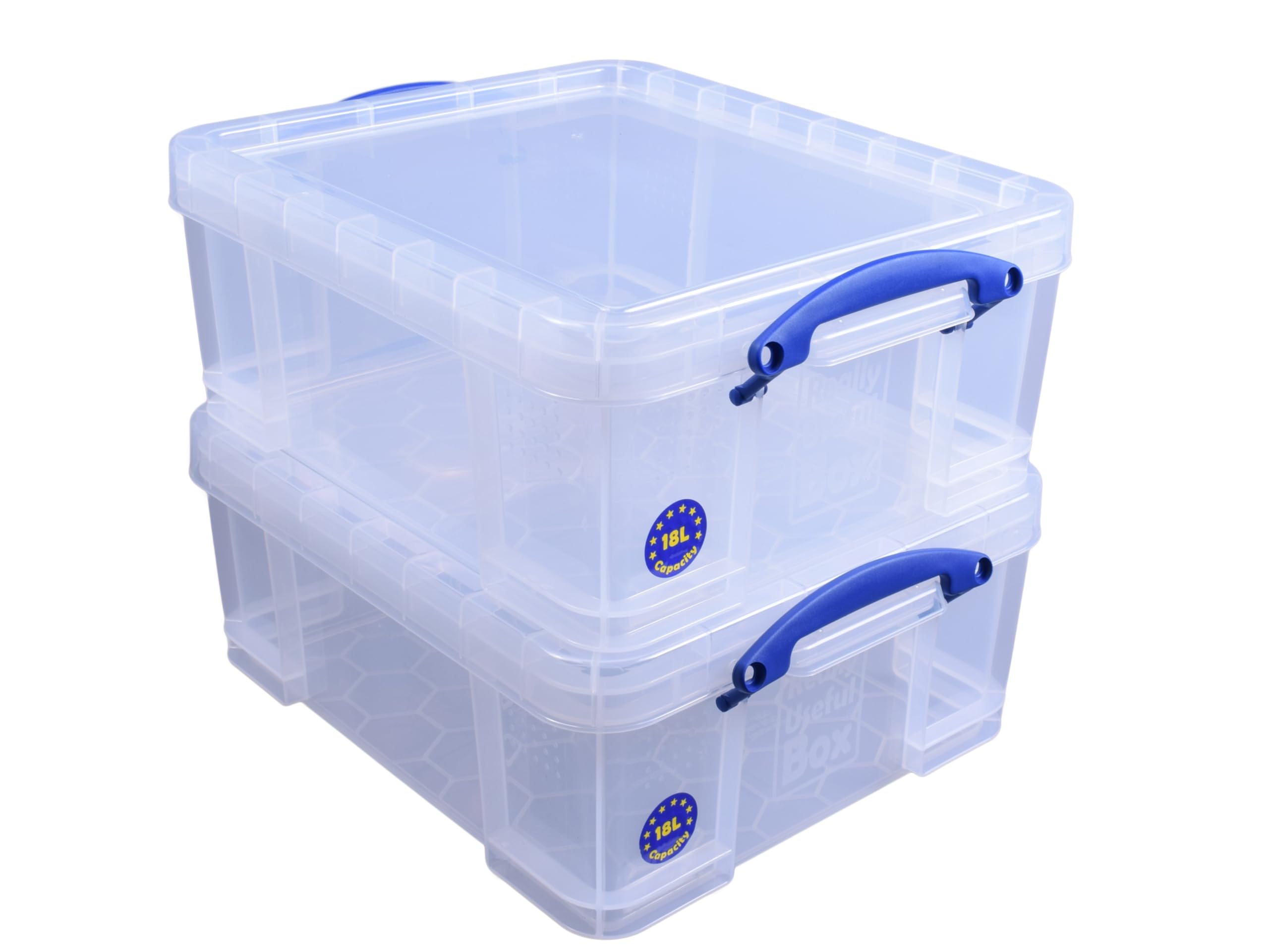 Really Useful Box 18 Liter Plastic Stackable Storage Container w/Snap Lid & Built-In Clip Lock Handles for Home or Office Organization, 2 Pack, Clear