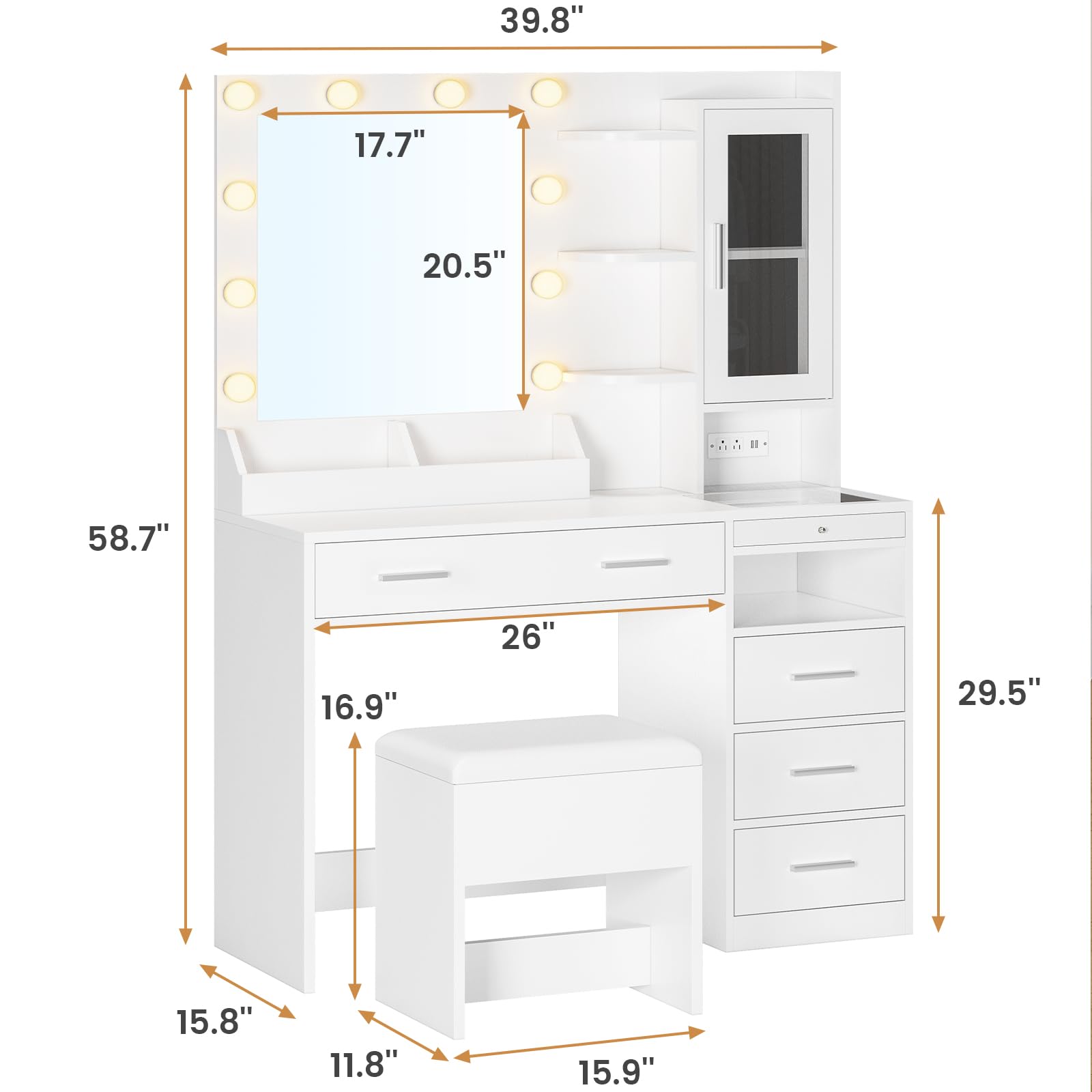 BTHFST Makeup Vanity with Upholstered Stool & Jewelry Storage, Vanity Desk with Mirror and Lights & Charging Station, Makeup Desk with Drawers & Shelves & Glass Top, White