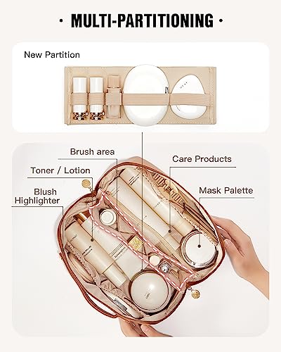 EACHY Travel Makeup Bag,Large Capacity Cosmetic Bags for Women,Waterproof Portable Pouch Open Flat Toiletry Bag Make up Organizer with Divider and Handle (Large-Brown, Large)