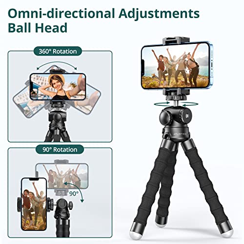 ATUMTEK 2 Height Adjustment Phone Tripod w Cold Shoe Mount & 1/4” Screw Extension, Flexible Tripod Stand with Remote and Clip for Smartphones GoPro Action Camera Micphone Fill Light - 9.4 inches