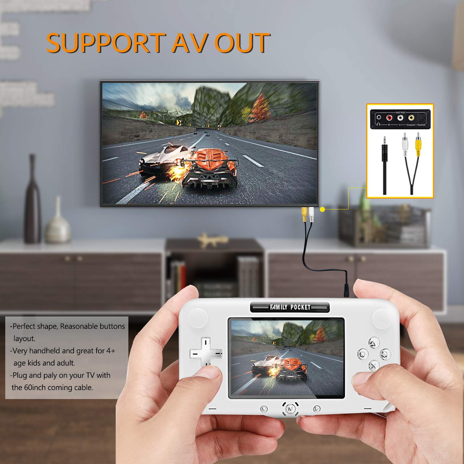 Handheld Games Console Built-in 2000 Classic Games 4 Inch Screen Retro Game Player Electronic Travel Games Support TV and 2 Players for Kids Adults