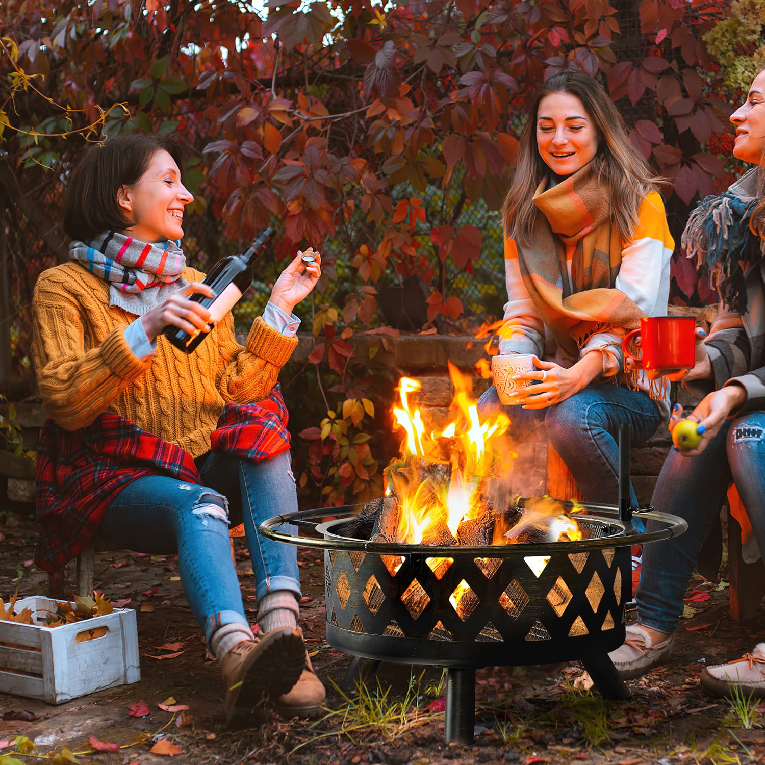 Breezestival 30 inch Fire Pits for Outside with Grill Outdoor Wood Burning with Removable Cooking Swivel BBQ Grill, Cover & Fire Poker for Backyard Bonfire Patio(Black)