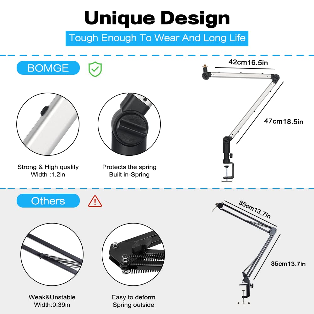 BOMGE Boom Arm - Adjustable 360° Rotatable Desk-Mounted Broadcast Microphone Boom Stand with Adapter,Hidden Cable Trough,For Shure SM7B/MV7/Blue Yeti/HyperX QuadCast, Recording,Gaming. (silver)