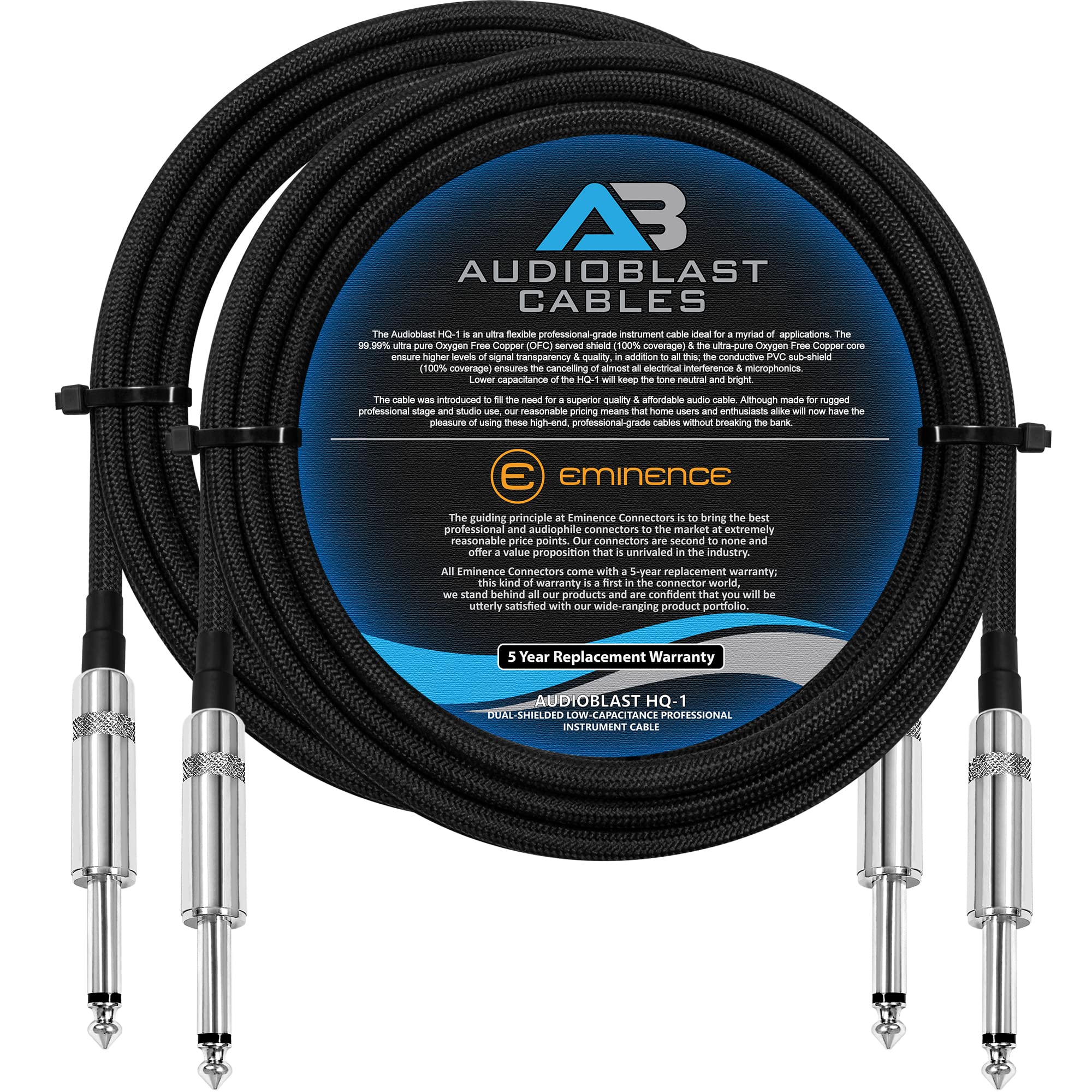 Audioblast - 2 Units - 12 Foot - HQ-1 - Braid(Black) Flexible - Dual Shielded(100%) - Guitar Instrument Effects Pedal Patch Cable w/Eminence Straight ¼ inch (6.35mm) TS Plugs & Double Staggered Boots