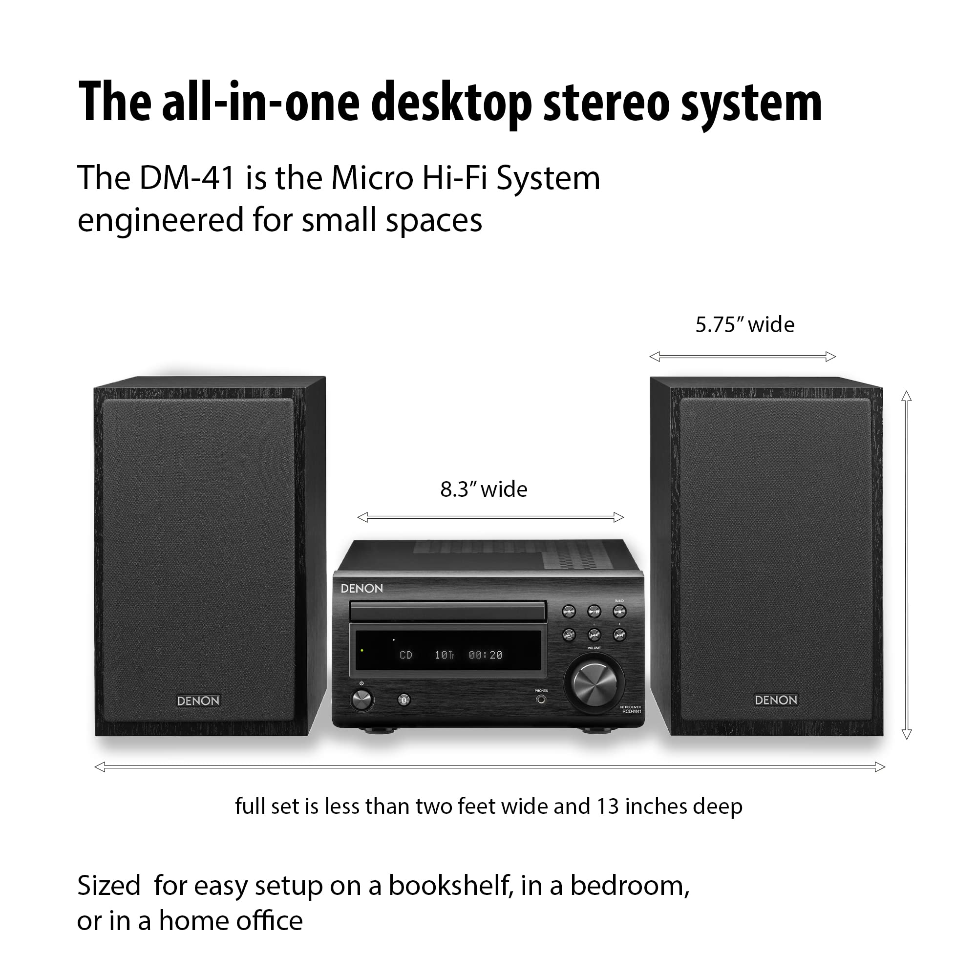 Denon D-M41 Home Theater Mini Amplifier and Bookshelf Speaker Pair - Compact HiFi Stereo System with CD, FM/AM Tuner and Wireless Bluetooth Music | Perfect for Small Rooms and Home Cinema