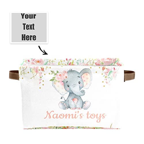 Joyestore Pink Flower Elephant Personalized Storage Bins ,Baskets Cubes Organizer with Handle for Shelves Closet Nursery Toy 1 Pack