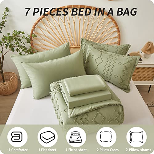 FLYMME Green Tufted Bed in A Bag Queen Size Comforter Set with Sheets, Soft Lightweight Geometric Embroidery Bedding Set 7PC, Boho Shabby Chic Farmhouse Collection All Season (Sage Green, 90''x 90'')