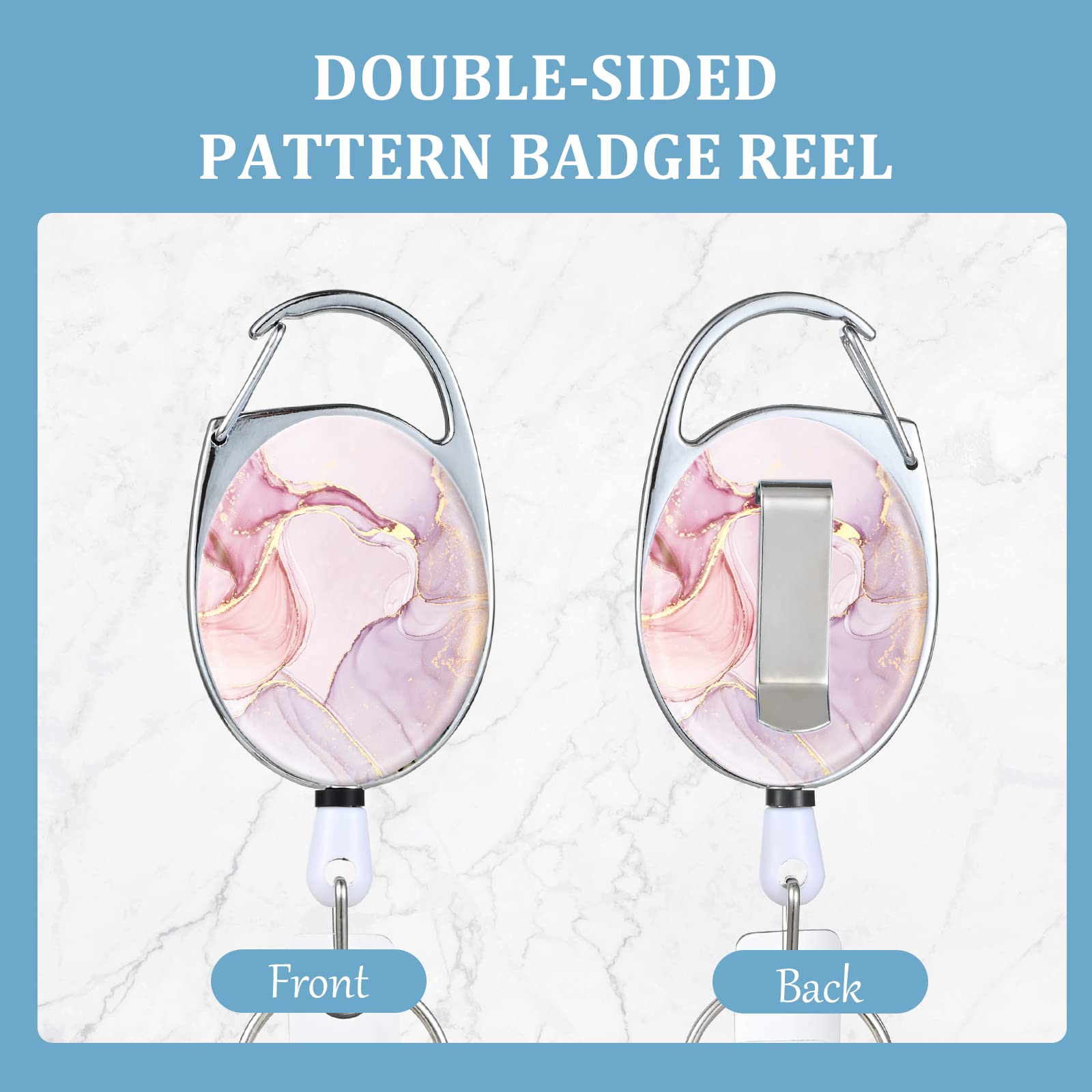 Badge Reels Retractable,Double Sided Color Print Pattern Badge Holders,with Keychain, Clip and Key Ring,Durable Nylon Rope,Pink Marble