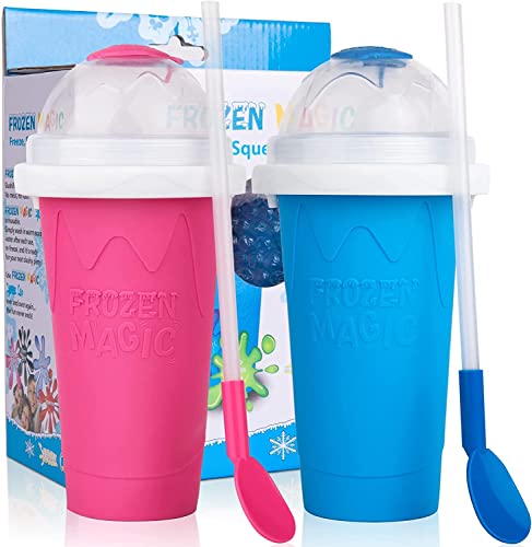 Slushie Maker Cup,FUROLD DIY Slushies Cup Frozen Magic Squeeze Cup Slush Cup Smoothies Double Layers , Homemade Slushie Machine w/ Straw and Spoon, Ice Cream Maker Cool Stuff Birthday Gifts for Kids(Blue+Pink)