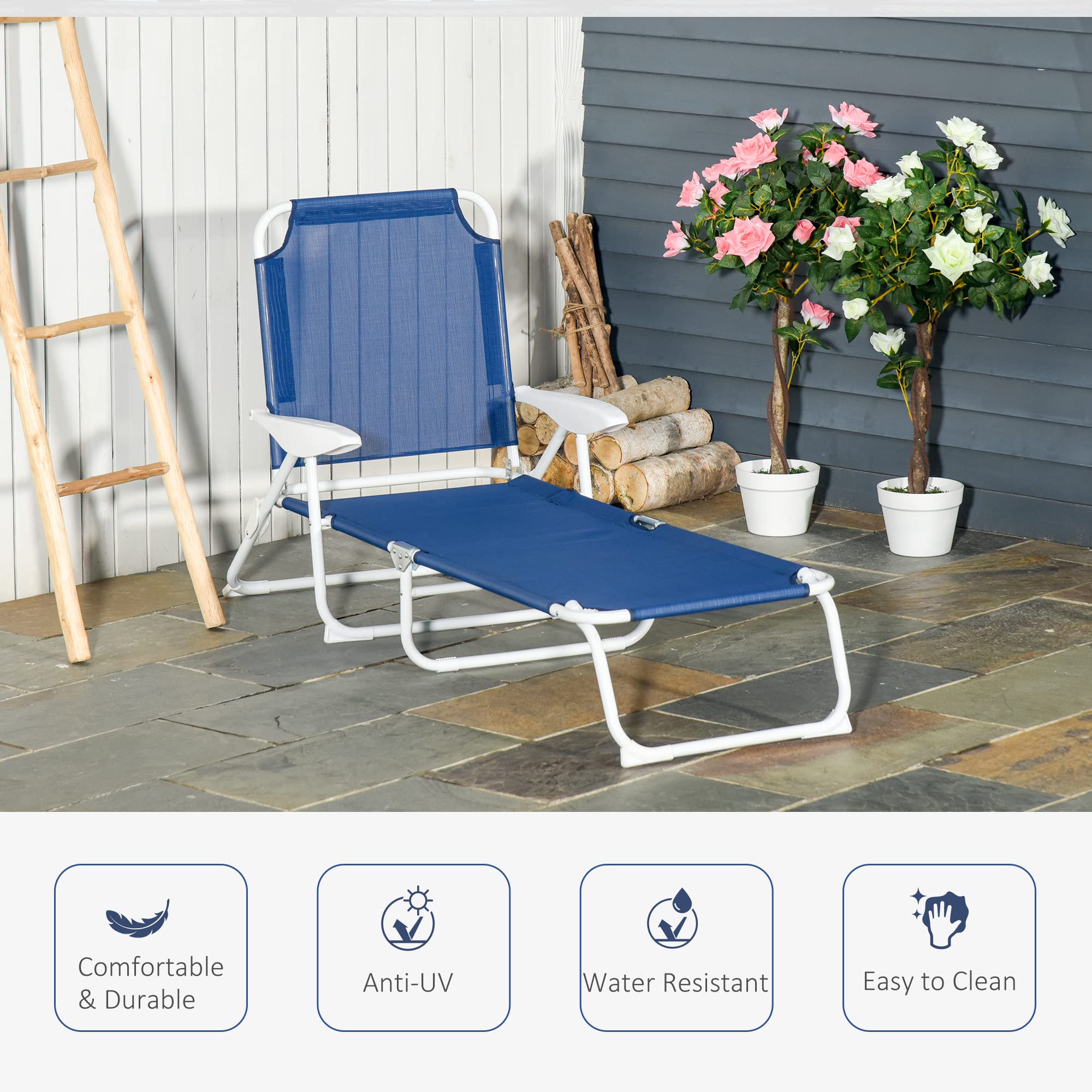 Outsunny Folding Lounge Chair, Portable Outdoor Chaise Lounge, Sun Tanning Chair with 4-Position Reclining Back, Armrests, Metal Frame and Mesh Fabric for Beach, Yard, Patio, Blue