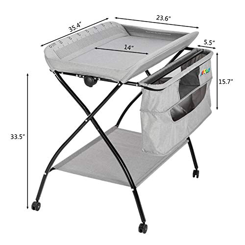 JOYMOR Portable Diaper Changing Station,Folding Baby Changing Table for Infant, Moblie Diaper Changing Table with Wheels, Large Storage Basket & Shelf Portable Nursery Organizer (Grey)