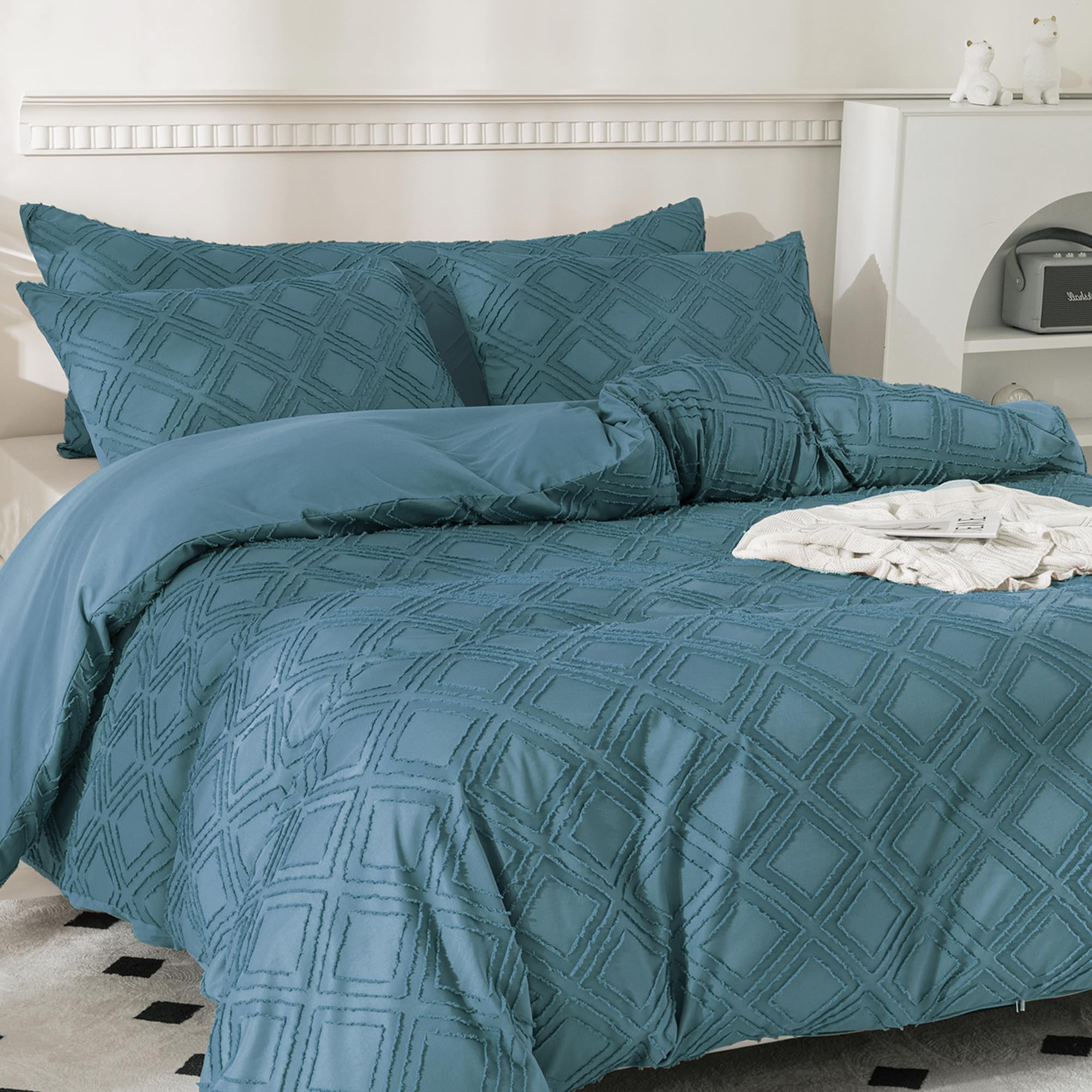 JELLYMONI Queen Size - Grayish Blue Microfiber Tufted Duvet Cover Set, Boho Textured Jacquard Rhombus Geometric Pattern Duvet Cover with Corner Ties & Zipper Closure