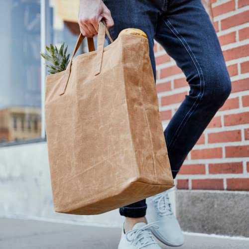 World's Strongest Grocery Bag, Handmade with Certified Organic Cotton and Hand Waxed with Beeswax, Foldable, Stiff Waxed Canvas Stands Up for Easy Filling, Plastic-Free, Reusable, GOTS, Large, Brown