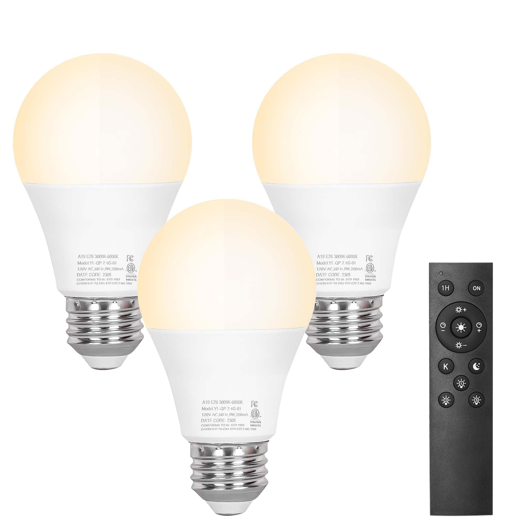Casia 3 Pcs A19 LED Bulbs with 1 Remote Control, 9W LED Bulbs, E26 Base, 805 LM, Dimmable LED Bulb for Floor Lamps, Pendant Lamps, Table Lamps (3)