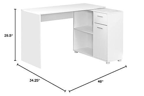 Monarch Specialties Workstation with Storage Shelves and Cabinet for Home & Office-Contemporary Style L Shaped Computer Desk, 46" L, White