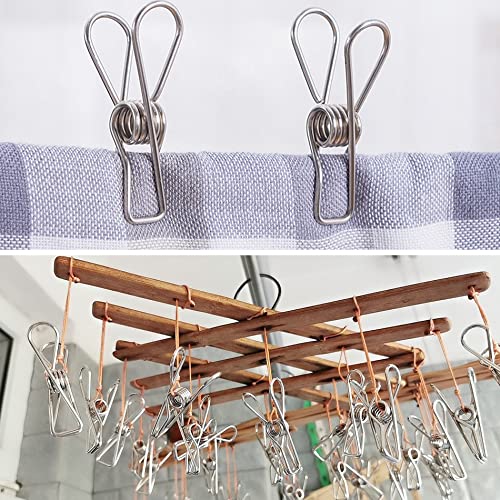 Clothespins Laundry Chip Clips - 100 Pack Bulk Durable Stainless Steel Clothes Pins,Heavy Duty Clamp Metal Wire Clothes Pegs with One Storage Bag & 2 Hooks,for Outdoor Clothesline Home Kitchen Office