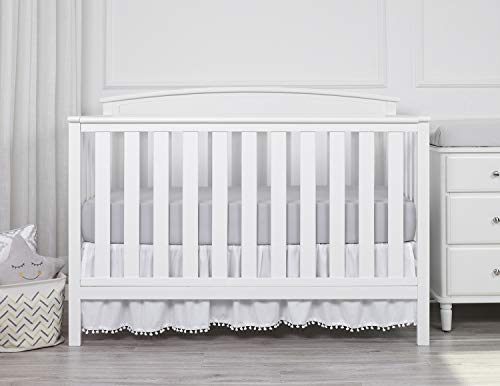 TILLYOU Ruffled Crib Skirt with Pompoms, Microfiber Nursery Crib Toddler Bedding Skirts for Baby Boys Girls, 14'' Drop, White