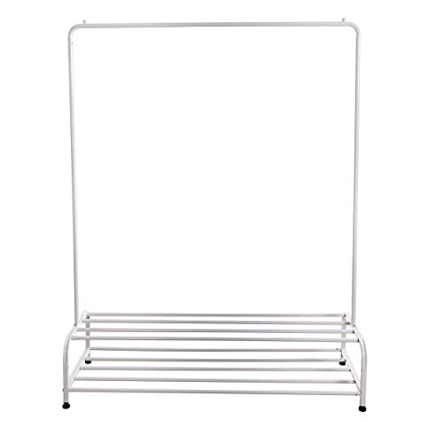 Clothing Garment Rack with Shelves, Metal Cloth Hanger Rack Stand Clothes Drying Rack for Hanging Clothes,with Top Rod Organizer Shirt Towel Rack and Lower Storage Shelf for Boxes Shoes Boots, White