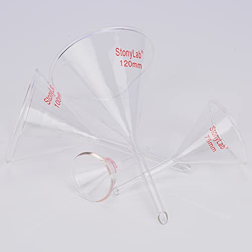 stonylab 4pcs Glass Funnel Set, Heavy Wall Borosilicate Glass Short Stem Funnels Filling Funnels, 50 mm/75 mm/100 mm/120 mm Diameter