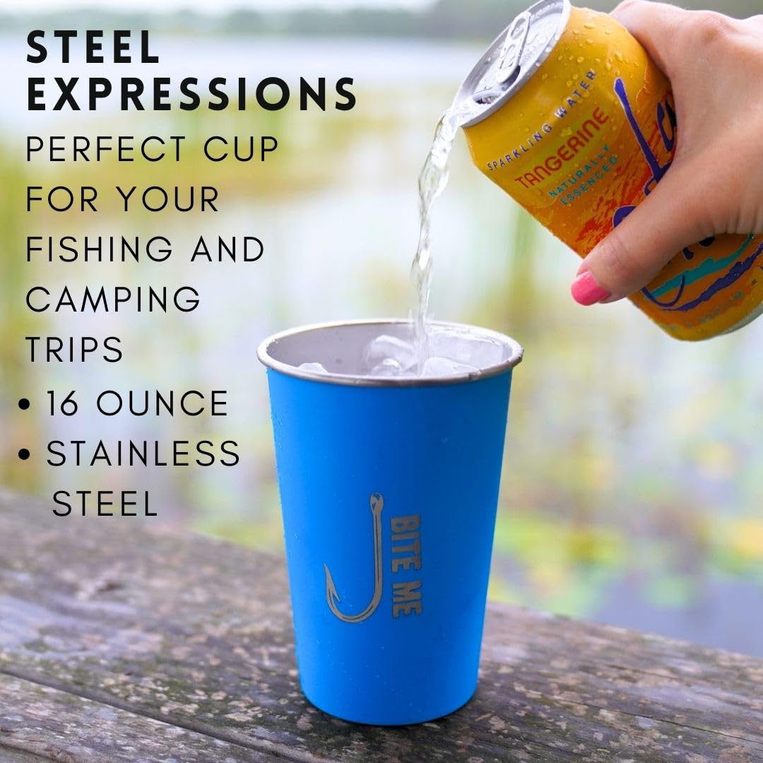 Shark Skinzz Steel Expressions Pint Cup, 16 oz Stainless Steel Cups, Stackable & Durable Drinking Cups for Camping, Reusable & Dishwasher Safe Tumblers, Set of 4 Black Cups