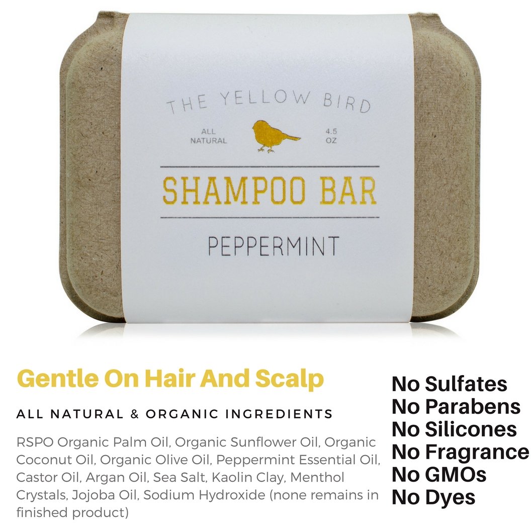 The Yellow Bird Peppermint Shampoo Bar Soap. Sulfate Free. Natural and Organic Ingredients. Anti Dandruff, Itchy Scalp, Psoriasis. Includes Conditioning Argan and Jojoba Oils.