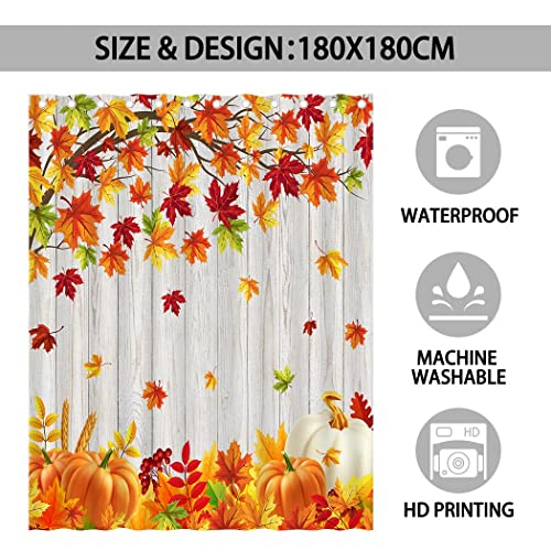 Juirnost Fall Shower Curtain Autumn Thanksgiving Day Pumpkin Shower Curtain Farmhouse Falling Maple Leaves Rustic Wooden Board Shower Curtain Home Bathtubs Decors 12 Hooks Washable Polyester 72"x72"