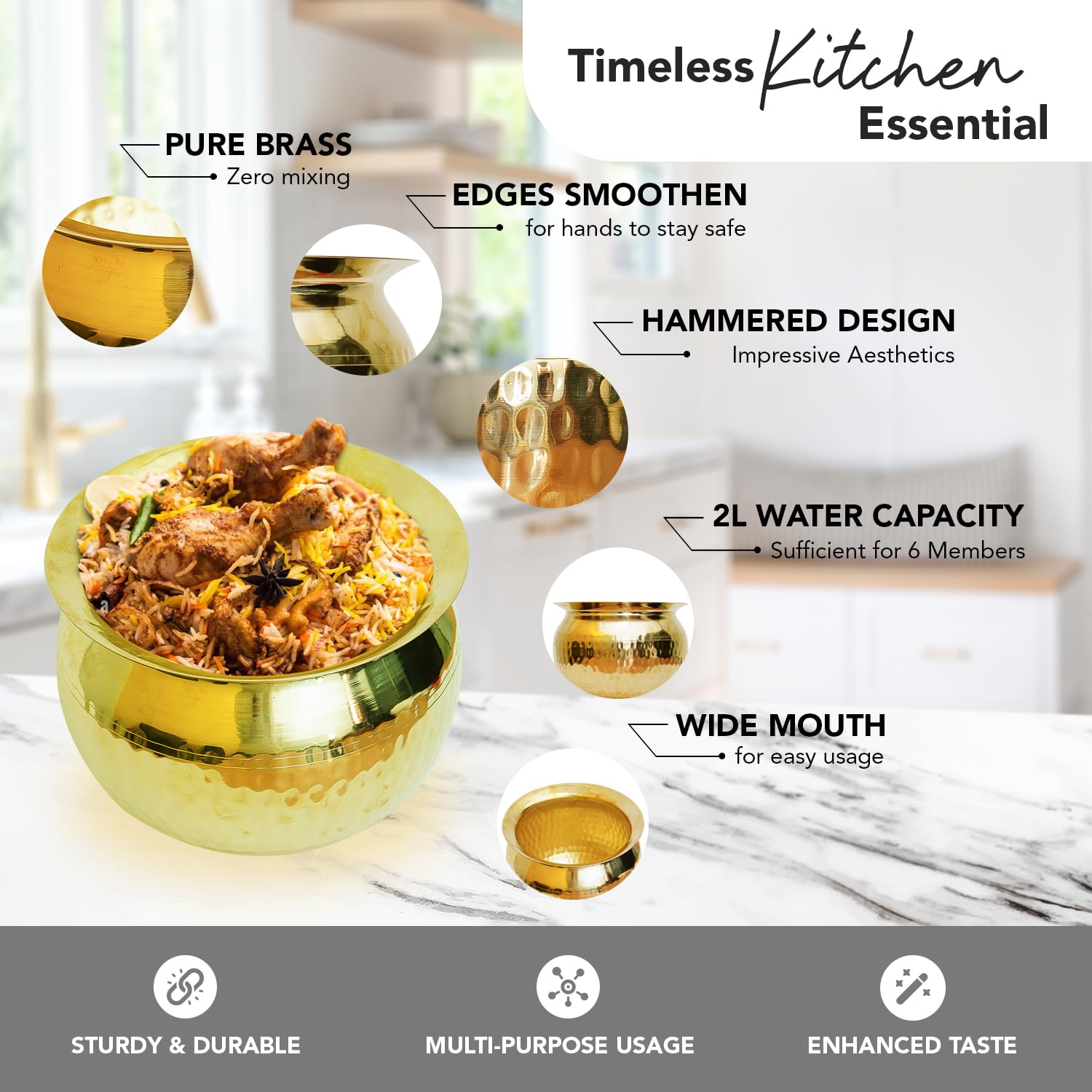 Ekhasa 100% Pure Brass Heavy Weight Biryani Handi for Cooking & Serving (2 L Water Capacity) | Biryani Pot or Pongal Pot or Lagan Handi for Home Kitchen, Hotel or Restaurant | Pital Handi for Cooking