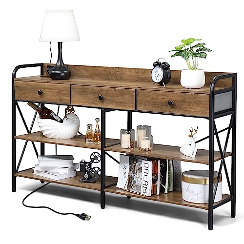 Karl home Console Table with USB Ports and Outlets, Entryway Table Sofa Table TV Stand with 3 Fabric Drawers 3 Tiers Storage Shelves, Industrial Entry Desk for Living Room Couch Hallway Vintage Brown