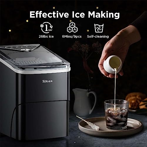 Countertop Ice Maker Machine - Silonn 9 Cubes Ready in 6 Mins, 26lbs in 24Hrs, Self-Cleaning Ice Machine with Ice Scoop and Basket