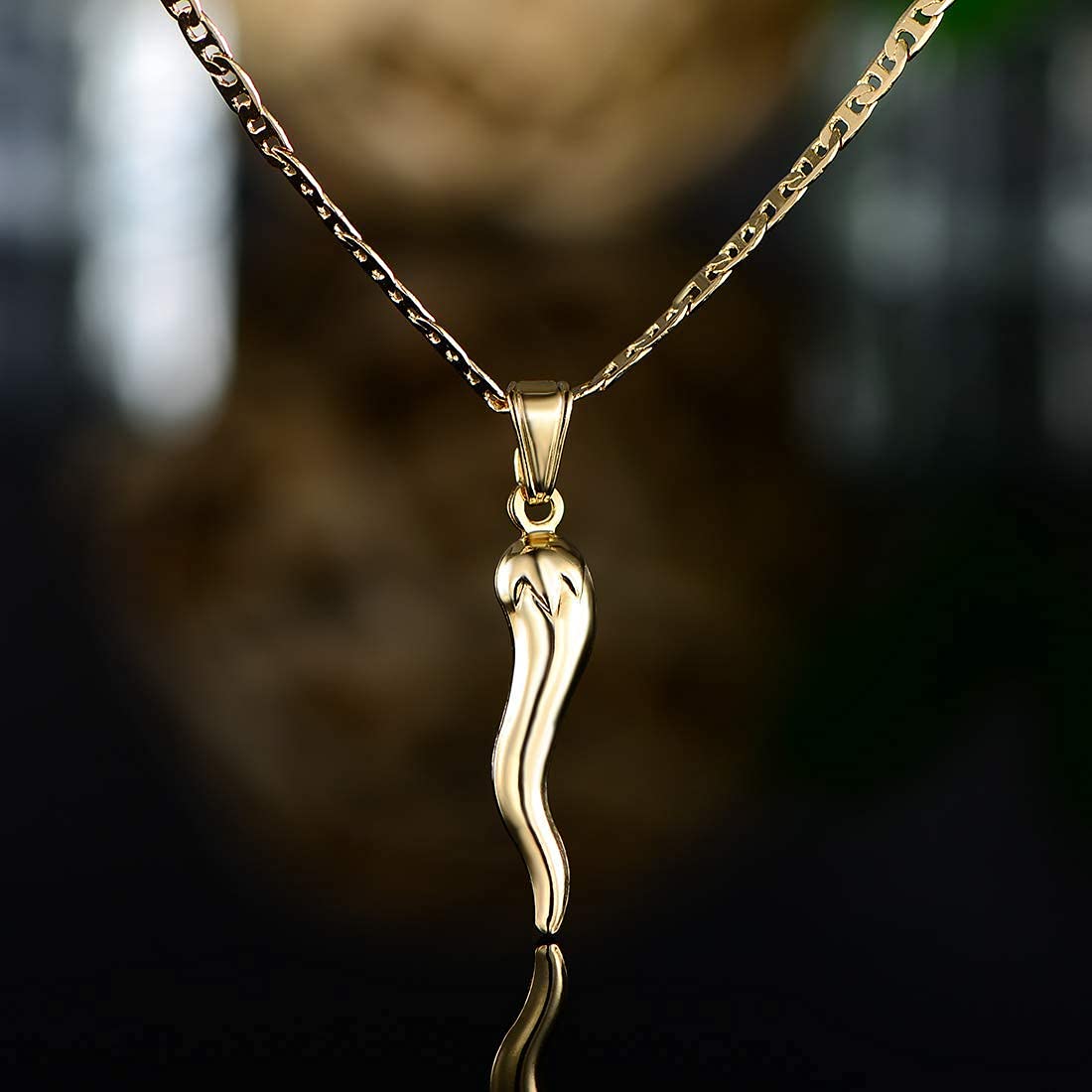 Barzel 18K Gold Plated Flat Marina Chain With Italian Horn Necklace Cornicello - Made In Brazil (20 Inches)