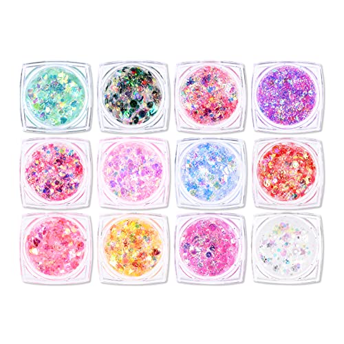 Ownest 12 Colors Holographic Chunky Glitter Gel Set, Christmas Party Makeup Face Body Eye Lips Hair Nail Cosmetic Festival Chunky Glitter Eyeshadow, Mixable, No Need Glue