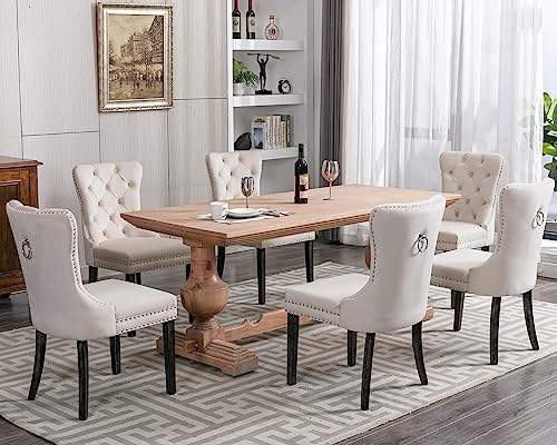 KCC Velvet Dining Chairs Set of 4 (Renewed), Upholstered High-end Tufted Dining Room Chair with Nailhead Back Ring Pull Trim Solid Wood Legs, Nikki Collection Modern Style for Kitchen, Beige