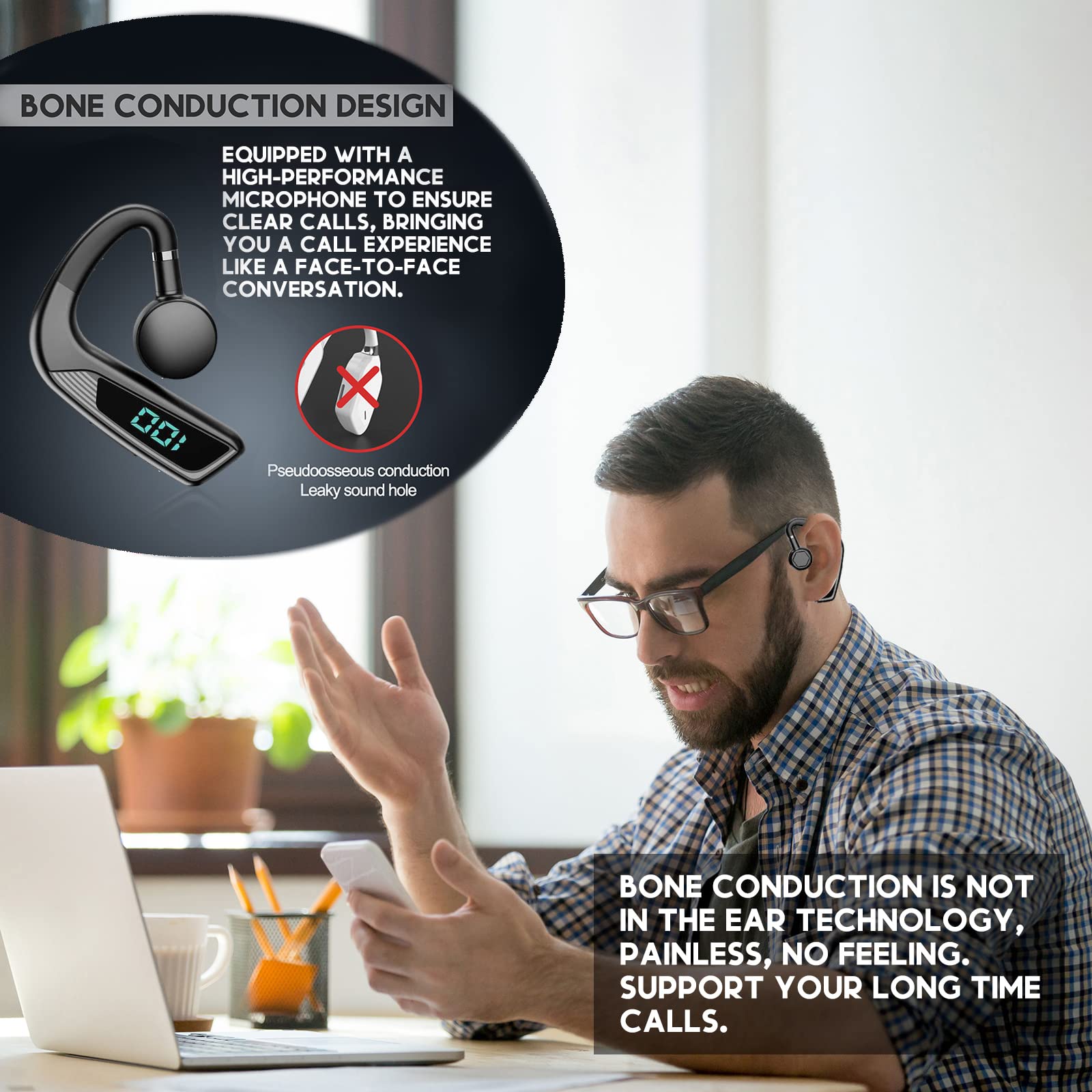 bone conduction headphone bluetooth earpiece for cell phone with microphone open ear bone consuction headphones with IPX5 waterproof bluetooth 5.2 wireless single ear headphone long battery life