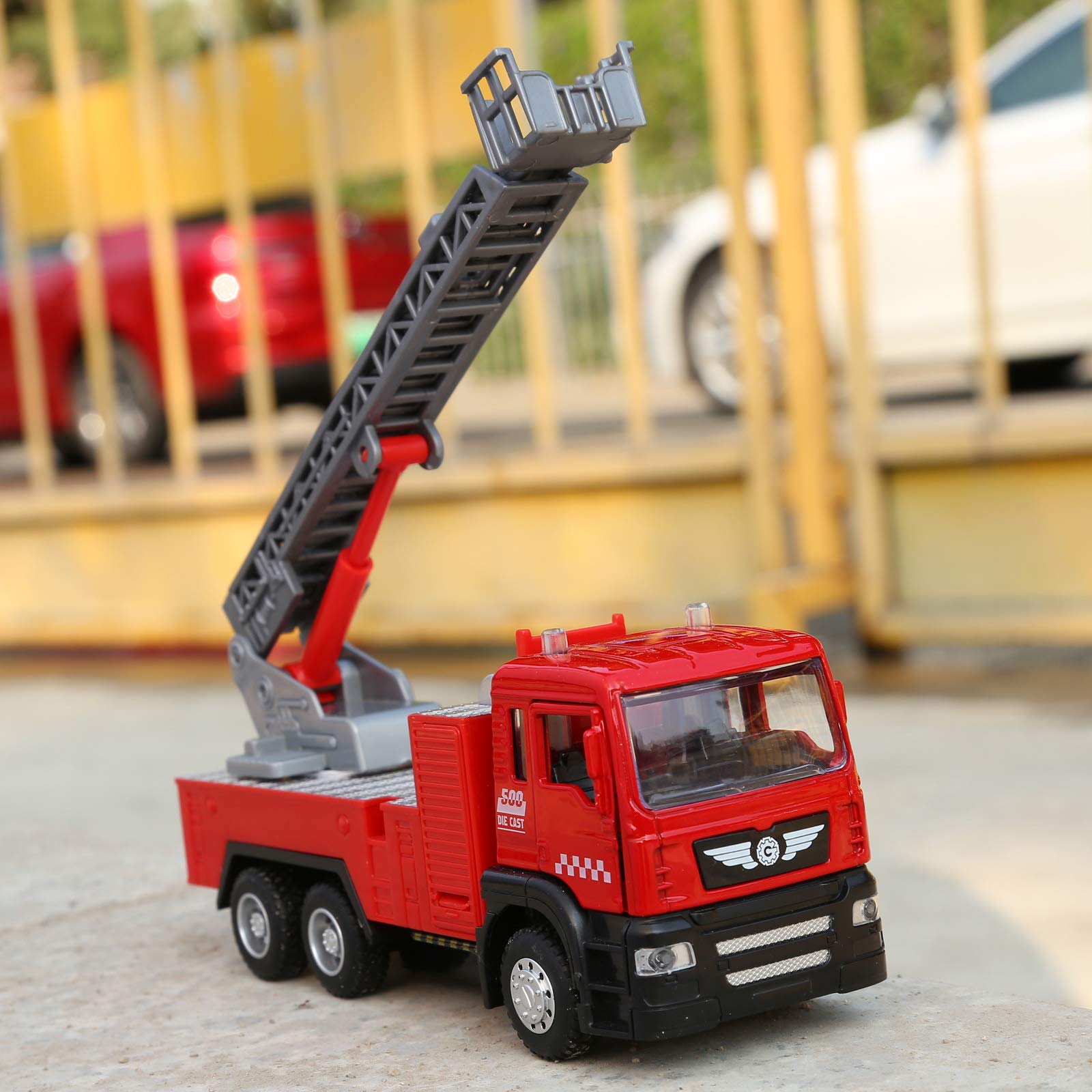 haomsj Metal Micro Fire Truck Extending Rescue Rotating Ladder Toy Truck for Boys 3 4 5 6 7 Year Old(Ladder Truck)