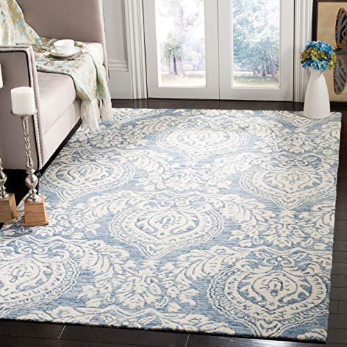 Safavieh Micro-Loop Collection Runner Rug - 2'3" x 7', Blue & Ivory, Handmade Damask Wool, Ideal for High Traffic Areas in Living Room, Bedroom (MLP512M)