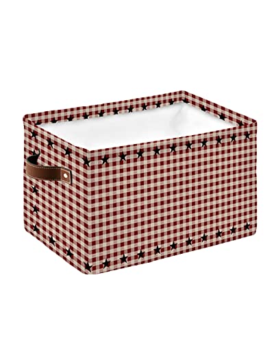 Country Star Storage Basket Waterproof Cube Storage Bin Organizer with Handles, Farmhouse Red Buffalo Plaid Rustic Collapsible Storage Cubes Bins for Clothes Books Toys 15"x11"x9.5"
