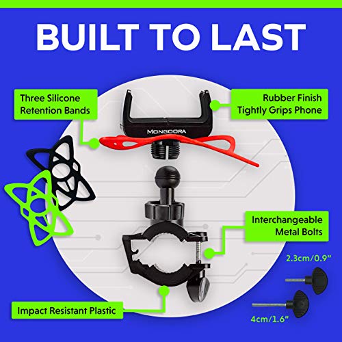 Mongoora Bike & Motorcycle Phone Mount - GPS Cell Phone Holder for Bicycle Handlebar - Easy to Install Bike Accessories Fits iPhone, Galaxy, Android - Stocking Stuffers - 3 Bands (Black, Red, Green)