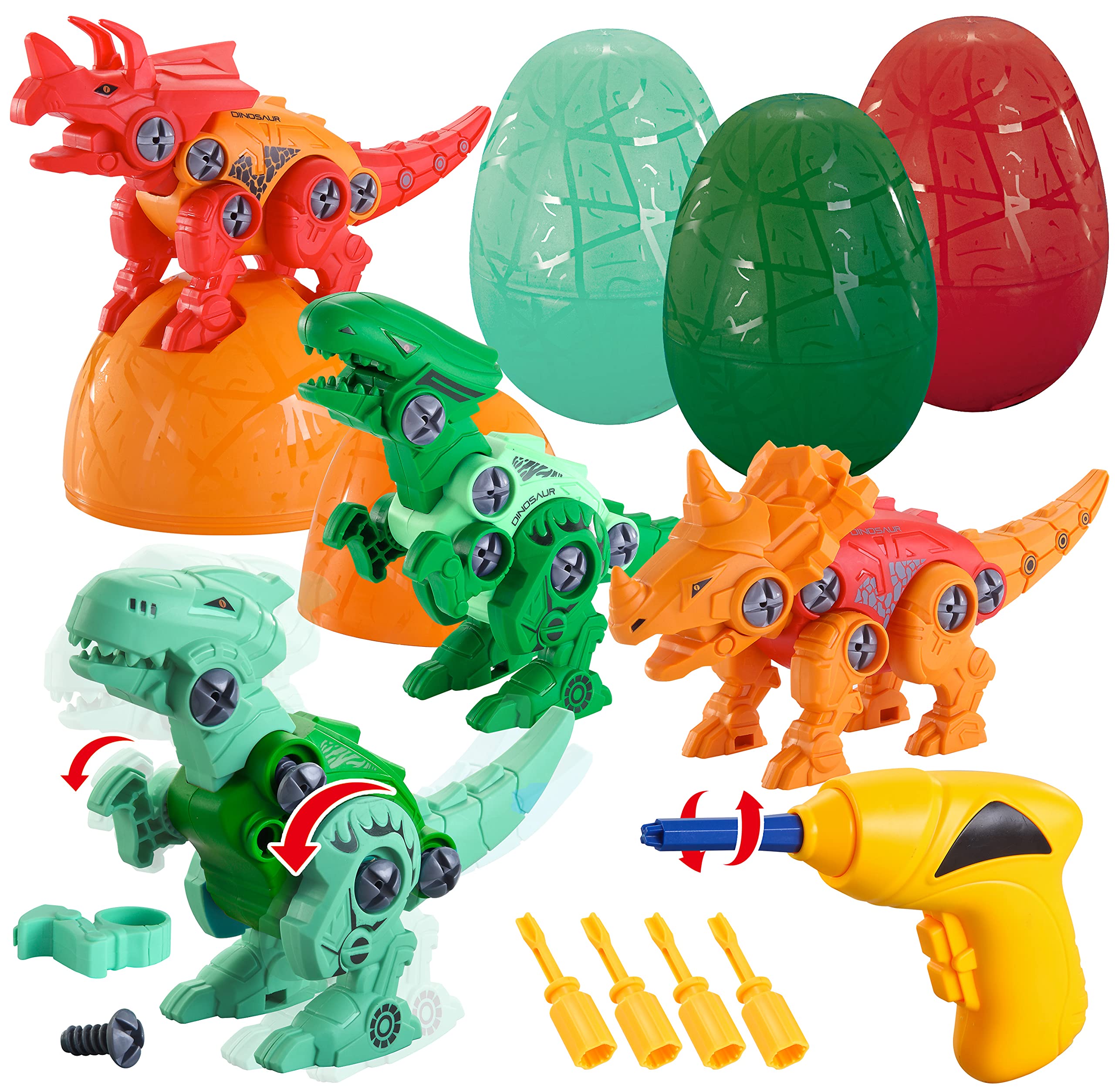 JOYIN 4 Pack Take Apart Dinosaur Toys with Movable Joint, Electric Drill, Dinosaur Eggs, Creative Building Construction Engineering Play Kit, Kids Learning Educational Toys
