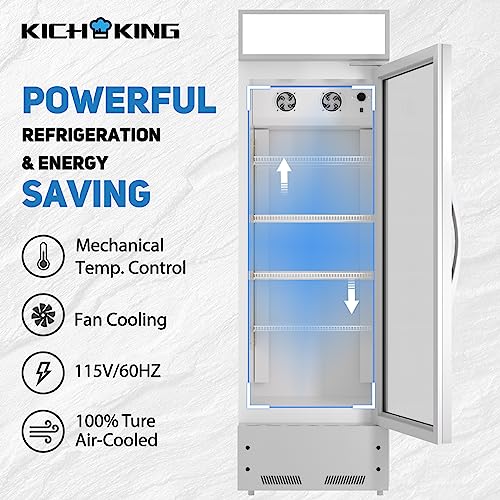 KICHKING 10.9 Cu.ft Merchandiser Refrigerator, 35~46β, 23.6" W Glass Door Upright Display Refrigerator, Light Box Beverage Cooler, LED Lighting, Drink Fridge-Silver, for Restaurant Grocery Stores