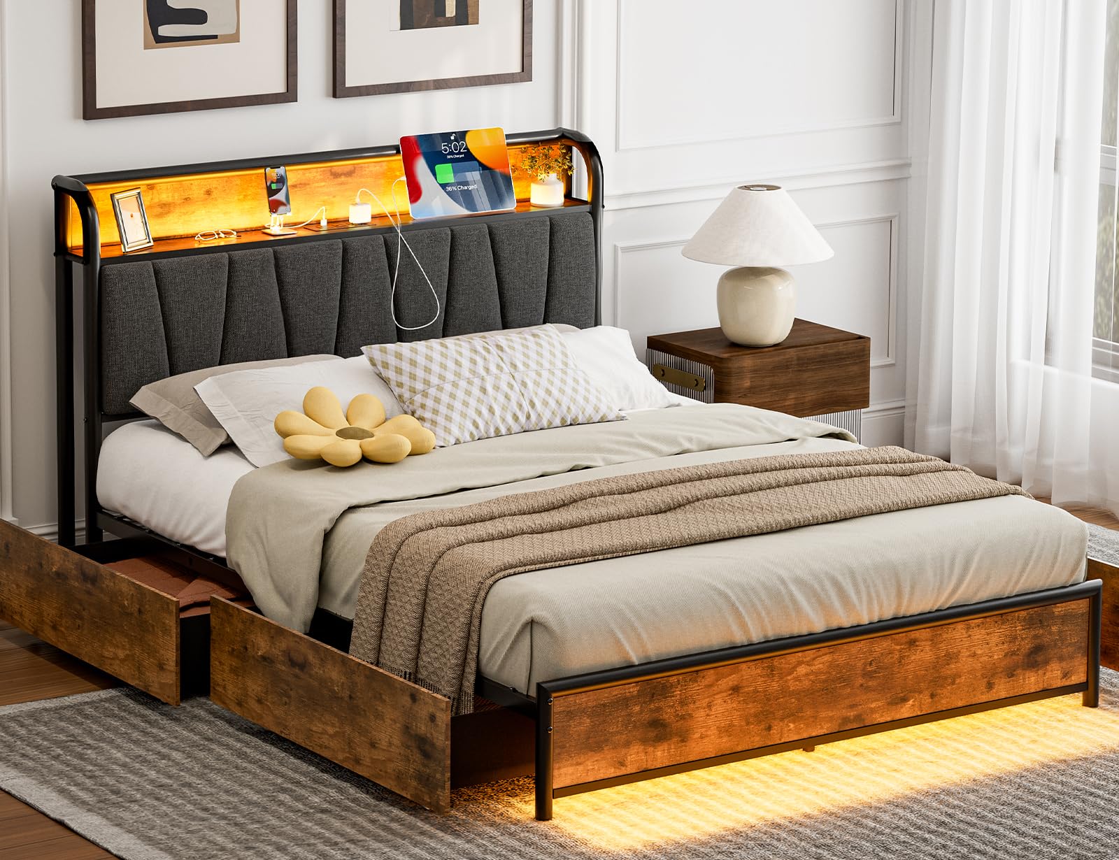 CIKUNASI Queen Size Bed Frame with Headboard and Storage, 4 Drawers Platform Bed Frame Queen Size with Storage Chargin Station LED Light Bed Frame, Heavy Duty